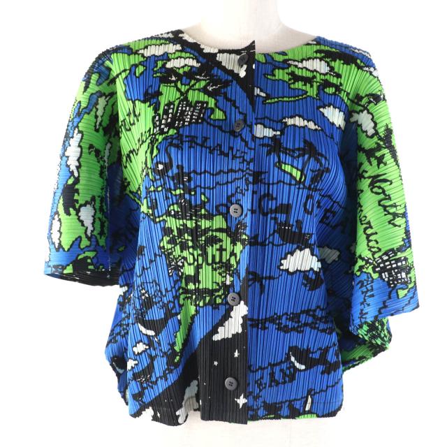 極美品☆PLEATS PLEASE プリーツプリーズ 2012年製 PP23-JO605 World Map Ocean 世界地図 変形 カーディガン マルチ 3 正規品 レディース