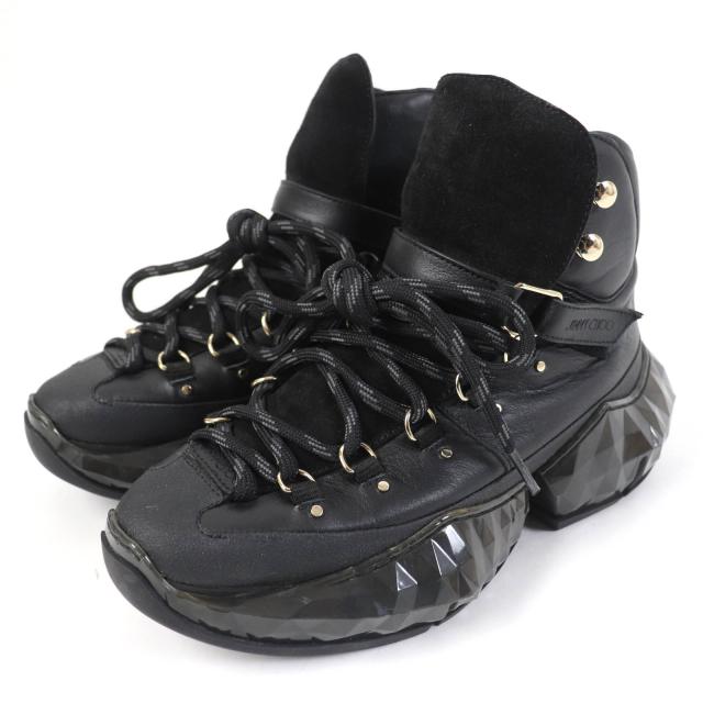極美品☆JIMMY CHOO ジミーチュウ DIAMOND HIKE レースアップ レザー ハイカットスニーカー ブラック 36 保存袋付き イタリア製 レディース