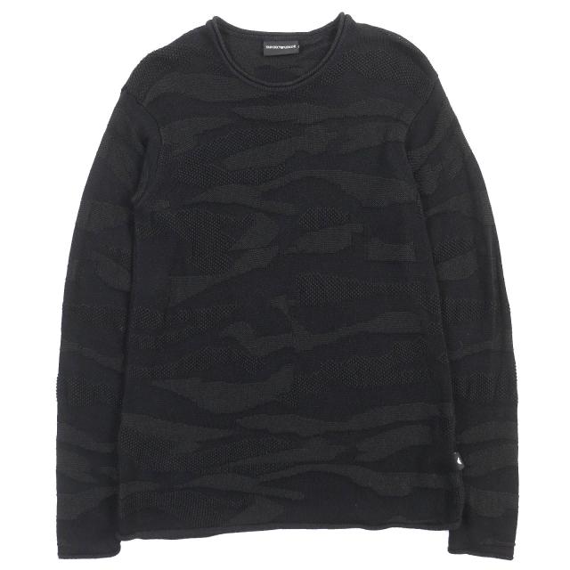 美品△EMPORIO ARMANI エンポリオ アルマーニ 黒タグ 3Z1MY1 総織柄 クルーネック ロングスリーブ ニット セーター ブラック M 正規品