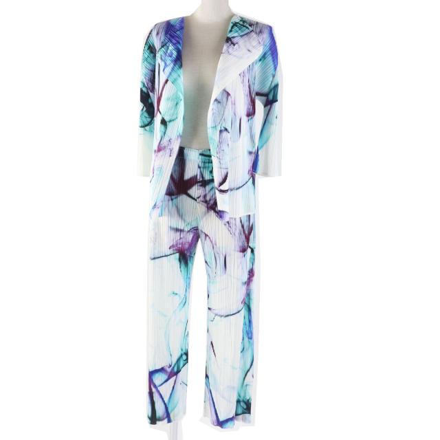 極美品◎PLEATS PLEASE プリーツプリーズ イッセイミヤケ PP41-J0666 PP41-JF662 水彩柄 セットアップ ホワイト マルチ 4・2 レディース