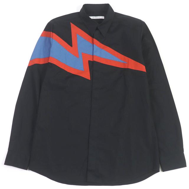 美品□GIVENCHY ジバンシィ BM605E1Y39 コットン100％ ロゴボタン サンダー ロングスリーブ 長袖シャツ ブラック 41 正規品 メンズ