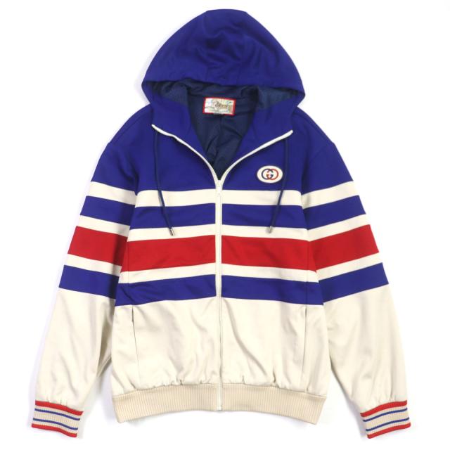 美品▼GUCCI グッチ 22SS 683516 TIGER 刺繍 ジップアップフーディー トラックジャケット ブルー ベージュ レッド XS 正規品 メンズ