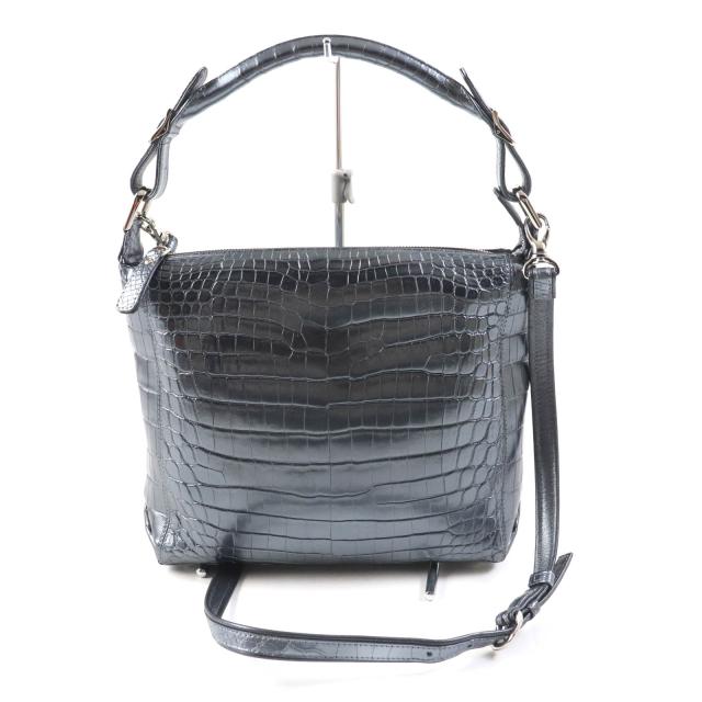 極美品★Takechi タケチ ミニポーチ付 クロコダイル 2way ハンドバッグ ショルダーバッグ メタリックブルー 箱・保存袋付き 正規品