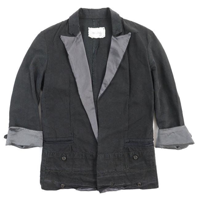 美品△Greg Lauren グレッグローレン 七分袖 ダメージ加工 シルク切替 コットン テーラードジャケット ダークグレー系 1 メンズ