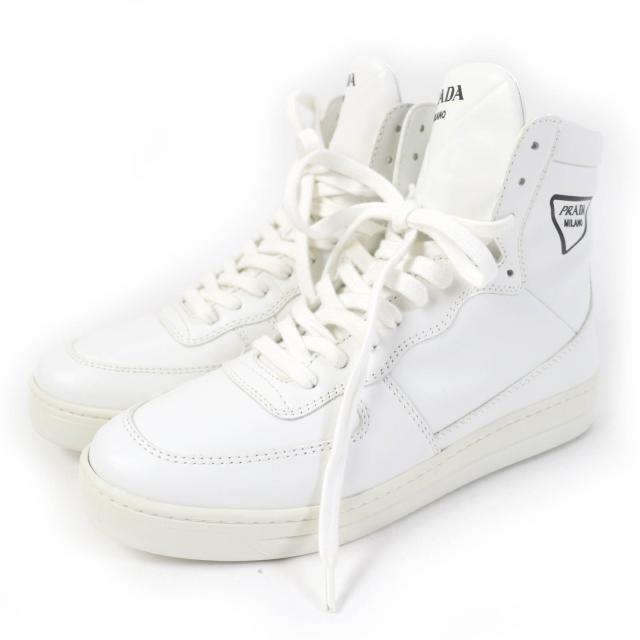 美品☆PRADA プラダ 1T638M トライアングルロゴ レザー ハイカットスニーカー ホワイト 37.5 箱付き イタリア製 レディース