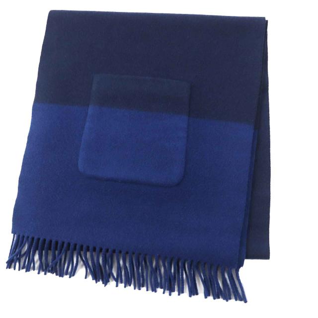 極美品◎HERMES エルメス H259096S カシミヤ100％ シルク アリュメット・ポケット バイカラー マフラー ネイビー ブルー 伊製