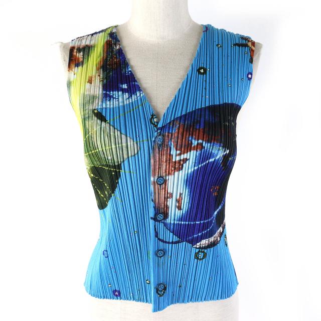 極美品△PLEATS PLEASE プリーツプリーズ イッセイミヤケ PP02-JE101 ミレニアムクリシュナ プリント 横尾忠則 ベスト ジレ 3 正規品