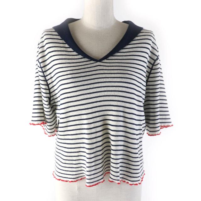 美品★クリスチャンディオール 24SS 444S67AM785 リネン カシミヤ シルク混 セーラーカラー テクニカルロゴ 半袖 ニット 46 正規品