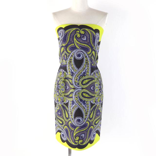 未使用品☆LANVIN ランバン ペイズリー柄 ベアトップ ドレス ワンピース イエロー ブルー系 34 フランス製 正規品 レディース
