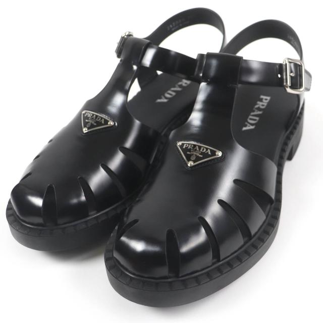 未使用品□PRADA プラダ 2X3084 トライアングルロゴ ブラッシュドレザー フィッシャーマン グルカサンダル ブラック 10.5 イタリア製