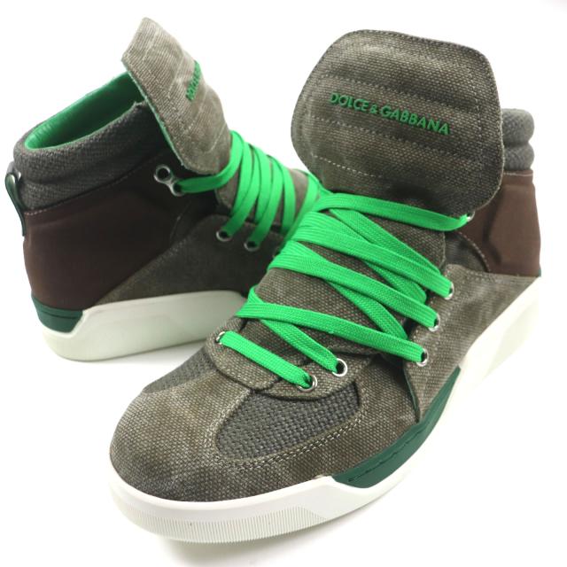 未使用品▼DOLCE&GABBANA ドルチェ＆ガッバーナ CS1234 ロゴ付 キャンバス ハイカットスニーカー カーキ グリーン 7.5 イタリア製 メンズ