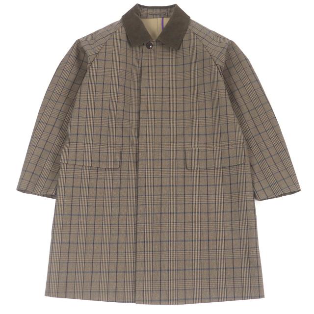 極美品□SANYOCOAT サンヨーコート ウール コットン チェック柄 襟コーデュロイ ステンカラーコート ブラウン L 日本製 正規品 メンズ