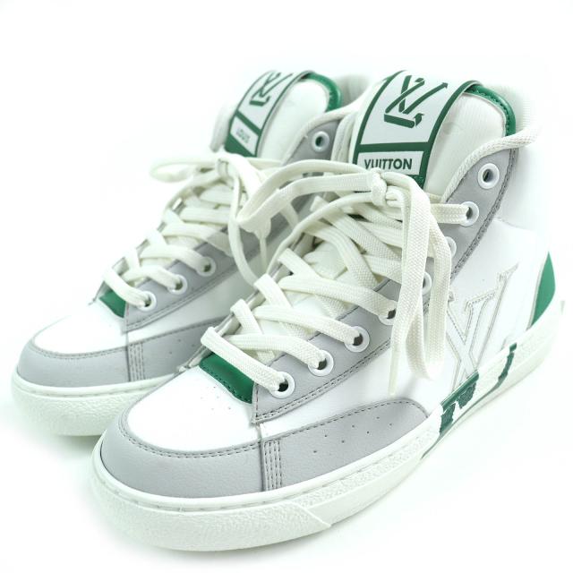 極美品△LOUIS VUITTON ルイヴィトン チャーリーライン LVロゴ モノグラム レザー ハイカットスニーカー ホワイト グリーン グレー 35