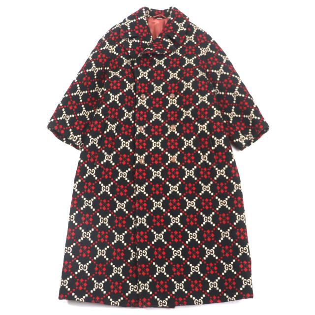 美品▼GUCCI グッチ 535769 GGダイヤモンド Diamond Wool Coat ウール100% ロング ダブルチェスターコート ブラック レッド 50 正規品
