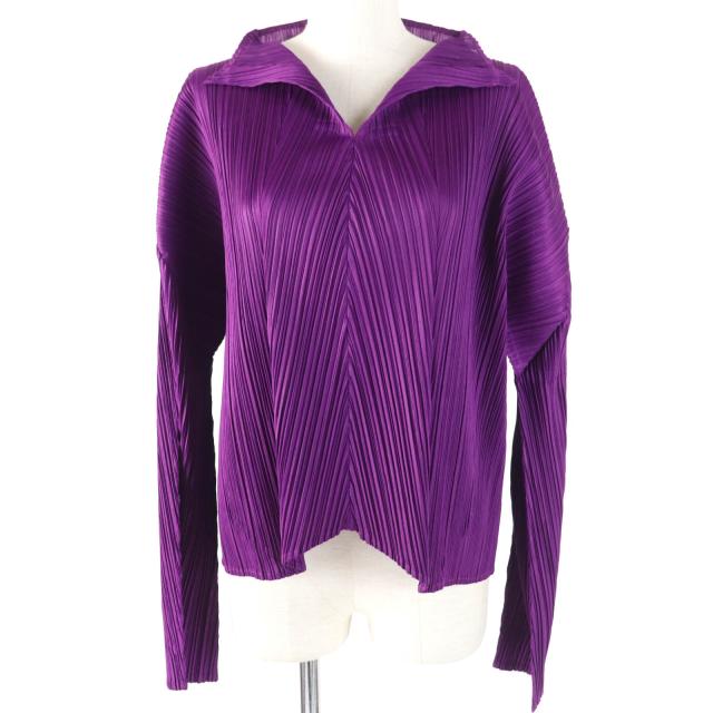 極美品☆PLEATS PLEASE プリーツプリーズ イッセイミヤケ PP23-JJ182 スキッパー 長袖トップス カットソー パープル 4 正規品 レディース