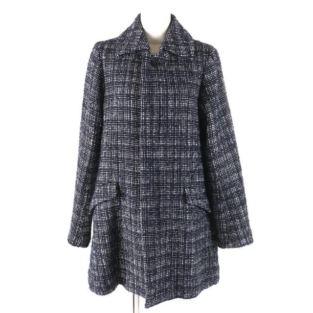 美品△me ISSEY MIYAKE ミー イッセイミヤケ ロゴボタン 比翼 ウールツイード ジャケット ダークネイビー ホワイト 約Mサイズ相当 正規品