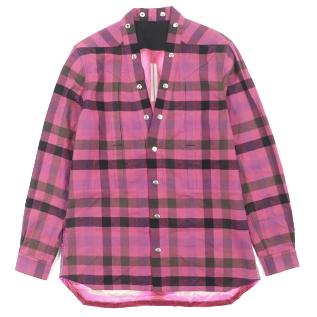 極美▼リックオウエンス 23SS RP01C5242 FOGPOCKET LARRY SHIRT チェック柄 Vネック ロングスリーブ 長袖シャツ 40 正規品 ユニセックス