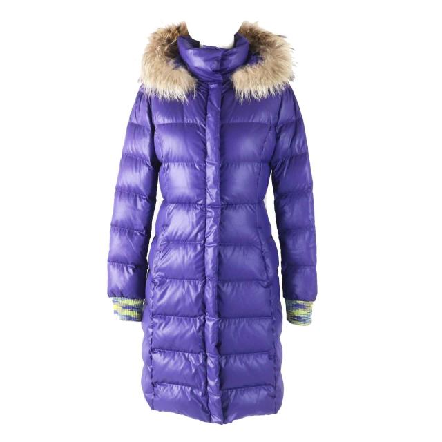 美品◎Missoni ミッソーニ 裏地総柄 ラクーンファー・フード付き ロング ダウンコート パープル 裏マルチ 40 正規品 レディース