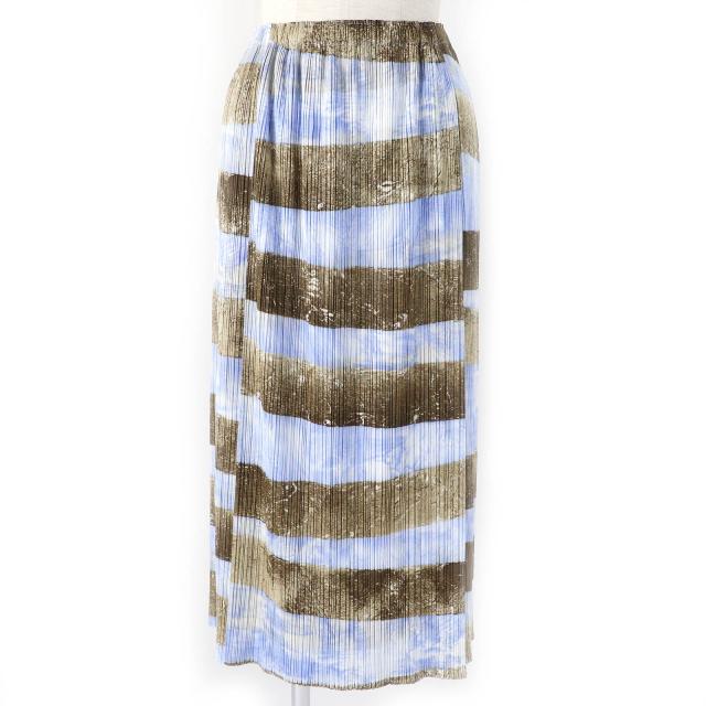 極美品△PLEATS PLEASE プリーツプリーズ イッセイミヤケ PP31-JG933 総柄 ロングスカート ライトブルー ブラウン系 3 正規品 レディース