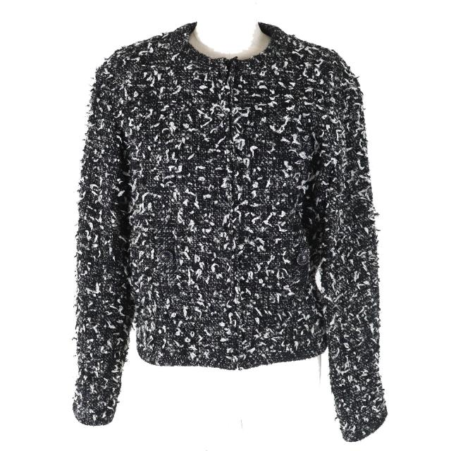 極美品△CHANEL シャネル P62063 アルパカ混 ココマークボタン リボンツイード ノーカラー ジップアップ ジャケット ブラック系 34 袋付