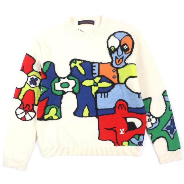 極美品▼LOUIS VUITTON ルイヴィトン 23SS HON63W LVパズル ウール ロゴ金具 クルーネック ジャガードニット セーター M 正規品 メンズ