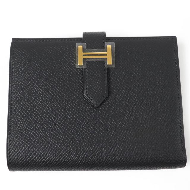 未使用品☆HERMES エルメス ベアン コンパクト ゴールド金具 ヴォーエプソン 二つ折り財布 ブラック W刻印 箱付き フランス製 レディース