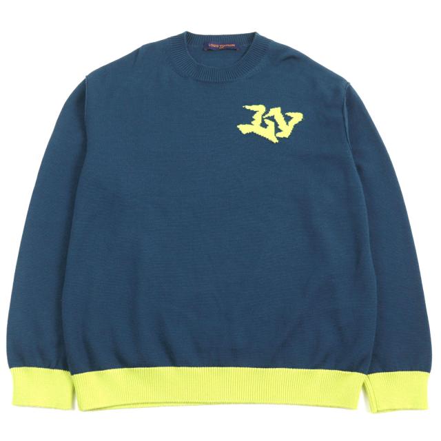 極美品○LOUIS VUITTON ルイヴィトン 22AW HNN02W LVロゴ刺繍 バイカラー ハイゲージ シグネチャークルーネックニット XL 正規品 メンズ
