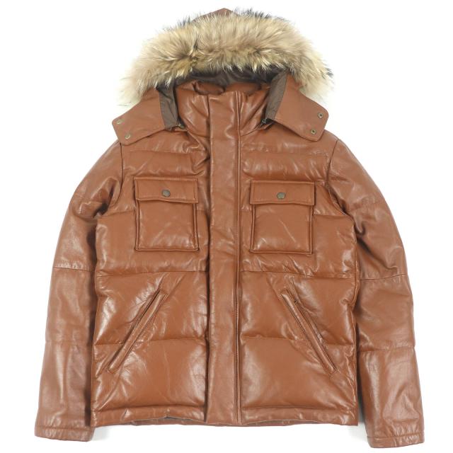 良品□PS Paul Smith ピーエス ポールスミス 羊革 ファーフーデッド WZIP ラムレザー ダウンジャケット ブラウン S 正規品 メンズ