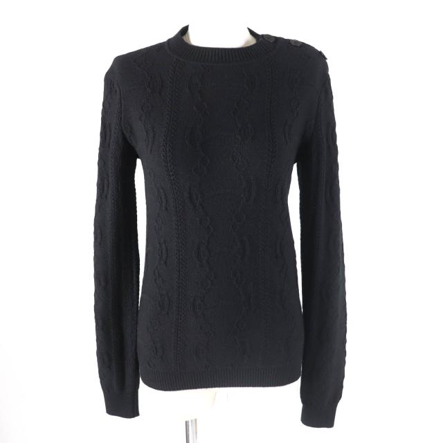 極美品★HERMES エルメス 22AW 2H2644D6 ウール カシミヤ混 肩セリエボタン付 シェーヌダンクル柄 長袖 ニット ブラック 34 伊製 正規品