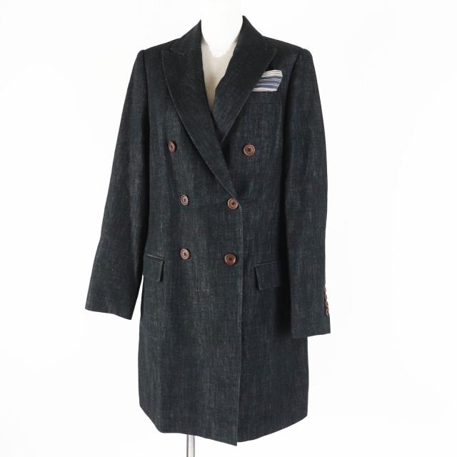 極美品◎Brunello Cucinelli ブルネロクチネリ ポケットチーフ付き ウッドボタン ダブルブレスト デニム コート インディゴブルー 42 伊製