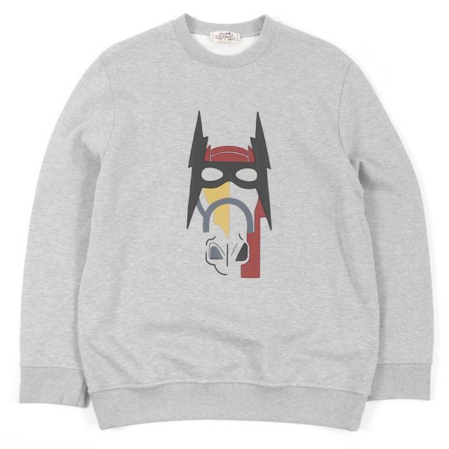 極美品□HERMES エルメス 2022年製 ホース ラムレザーパッチ クルーネック トレーナー スウェットシャツ グレー S イタリア製 正規品