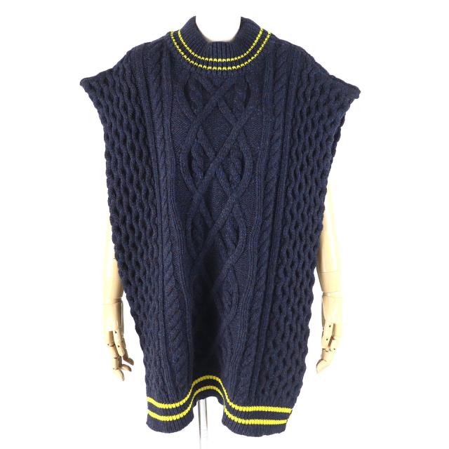 極美品△Maison Margiela 1 メゾンマルジェラ1 S51TH0038 ウール ボトルネック プルオーバー ニットベスト ネイビー イエロー 正規品