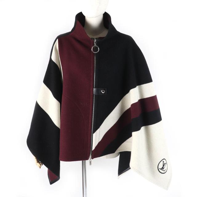美品△LOUIS VUITTON ルイヴィトン ウール シルク グラフィック LVジャカード パイピングラム ZIP UP ポンチョ 黒 ボルドー 34 正規品