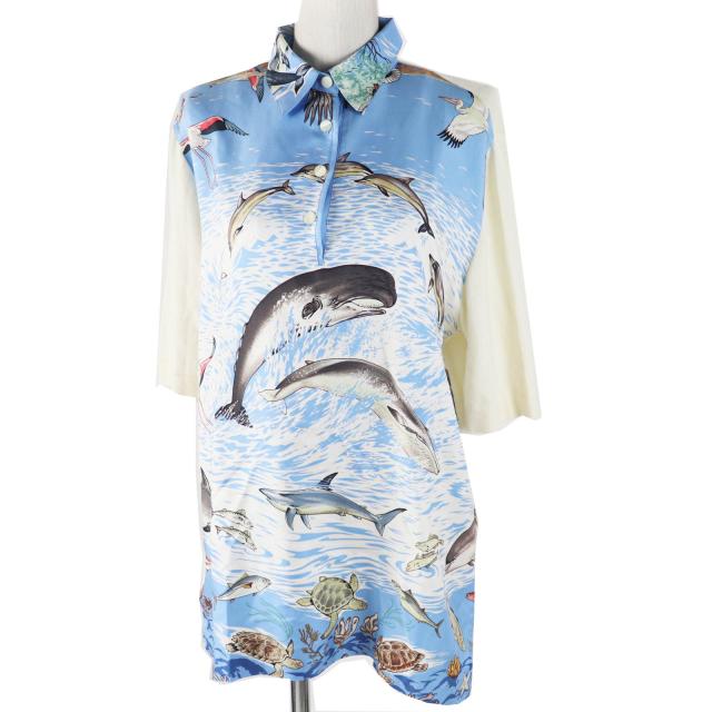 美品◎HERMES エルメス ヴィンテージ La Vie Precieuse de la Mediterranee 　地中海の貴重な命 ツイルレーヌ Hボタン 半袖ポロシャツ M