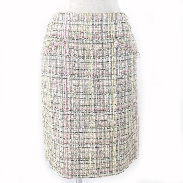 美品△CHANEL シャネル 05P P25517 ココマークパーツ フラワースパンコール シルク混 ツイードスカート ベージュ マルチカラー 36 仏製