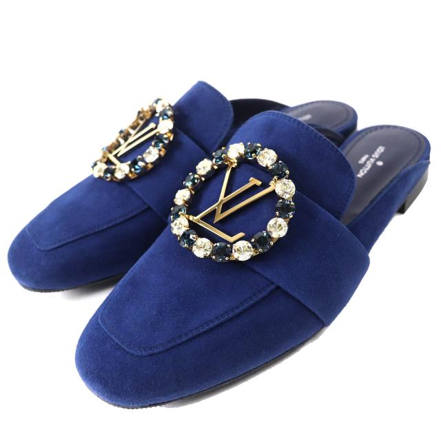 極美品△LOUIS VUITTON ルイヴィトン LVサークルビジュー付き スウェードレザー ミュール サンダル ネイビー 36 イタリア製 レディース
