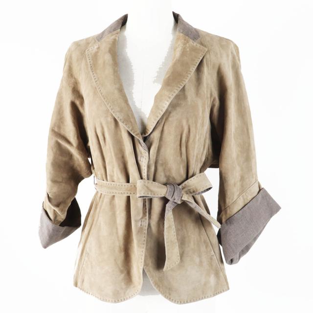 美品◎Brunello Cucinelli ブルネロクチネリ ベルト付き ヌバックレザー ジャケット ベージュ系 44 イタリア製 レディース