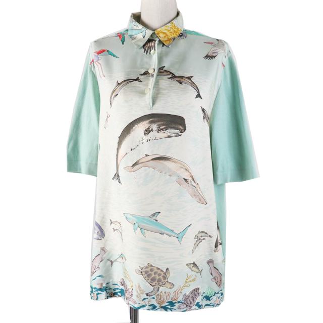 美品◎HERMES エルメス ヴィンテージ La Vie Precieuse de la Mediterranee 地中海の貴重な命 シルクHボタン 半袖ツイルレーヌトップス M