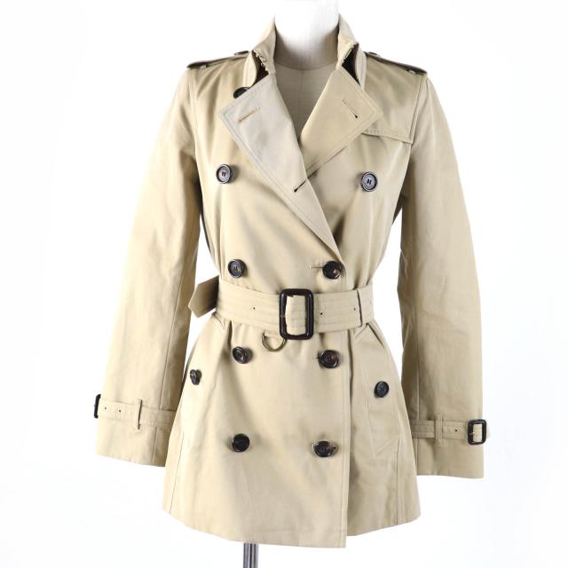 美品☆BURBERRY バーバリー 39000550 ケンジントン コットン 裏地ノバチェック柄 ショート丈 トレンチコート ベージュ 34 レディース