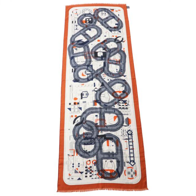 極美品◎HERMES エルメス 23AW レクタングル アンプリムール・フルー カシミヤ シルク エトゥープ/オレンジ/インディゴ ストール メンズ
