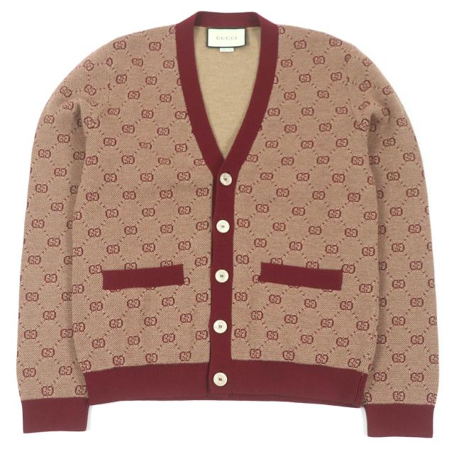 極美品□GUCCI グッチ 20AW 572631 ウール GGジャガード ロゴ総柄 ニットカーディガン セーター ボルドー S イタリア製 正規品 メンズ