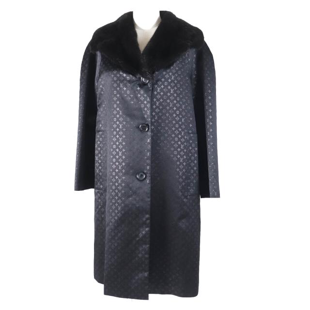 極美品◎LOUIS VUITTON ルイヴィトン シルク 襟ミンク付き モノグラム ロングコート ブラック 38 フランス製 正規品 レディース