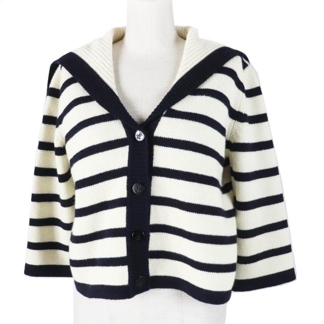 極美品◎Christian Dior クリスチャンディオール 224G02AM309 マリニエール カシミヤ混 マリンニット セーターカラー カーディガン 44