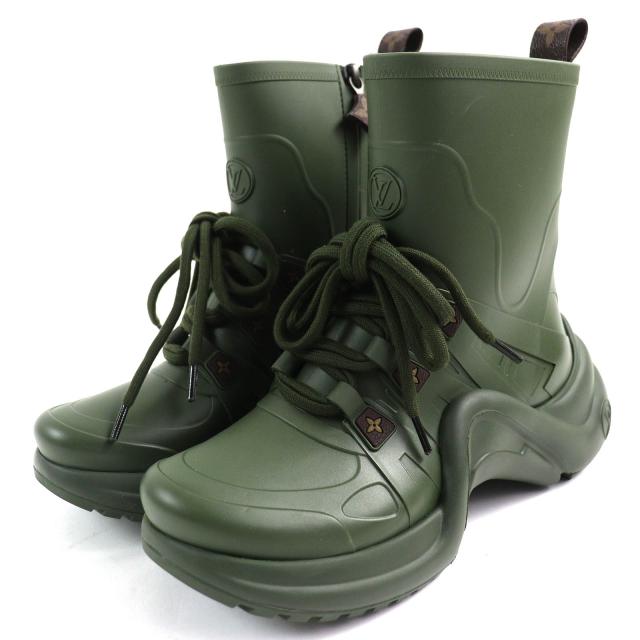 極美品△LOUIS VUITTON ルイヴィトン アークライトライン LVロゴ モノグラム ハイカットレインブーツ ラバー ショートブーツ カーキ 36