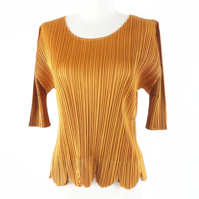 極美品◎PLEATS PLEASE プリーツプリーズ イッセイミヤケ PP73-JK142 カットオフ 裾スカラップ 半袖 トップス／カットソー マスタード系 3