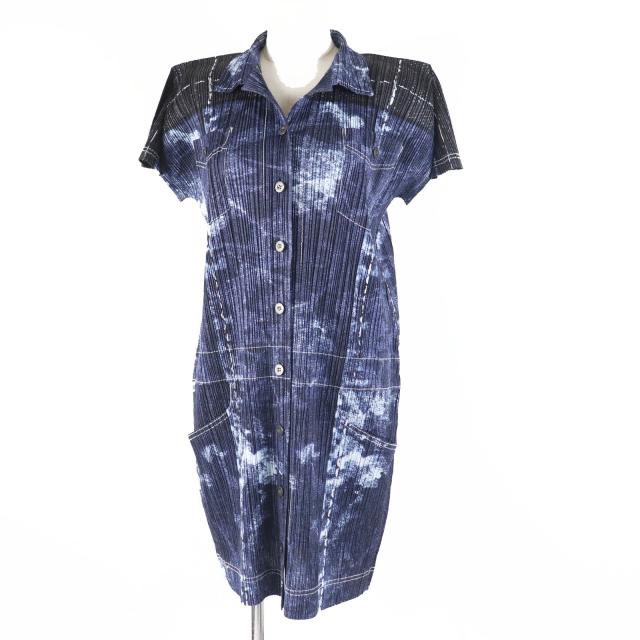 極美品◎PLEATS PLEASE プリーツプリーズ イッセイミヤケ PP21-JT716 デニム転写プリント 半袖 ワンピース インディゴブルー 3 正規品