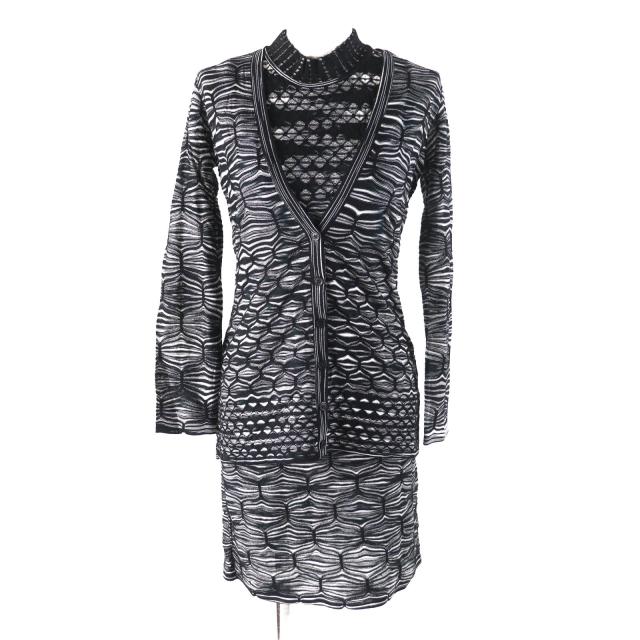 未使用品★Missoni ミッソーニ 総柄 Vネックカーディガン＋ノースリーブワンピース アンサンブル ブラック ホワイト 40 正規品