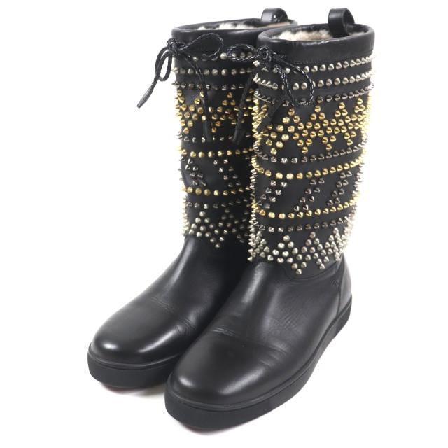 美品▼Christian Louboutin クリスチャンルブタン ZIGOUROS FLAT CALF スパイク 内側ファー付き レザーブーツ 43 箱・保存袋付き メンズ