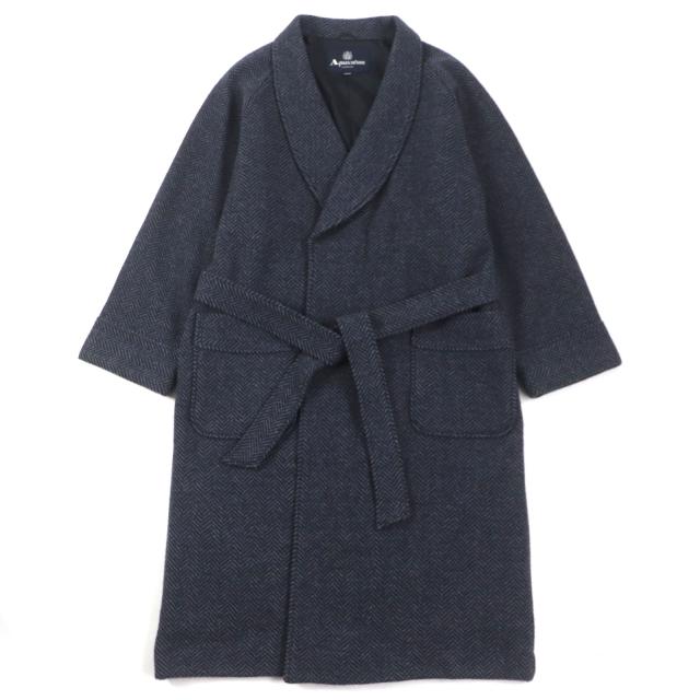 極美品▼Aquascutum アクアスキュータム ウール カシミヤ ヘリンボーン ベルト付き 裏地ロゴ柄 ガウンコート ネイビー M 正規品 メンズ