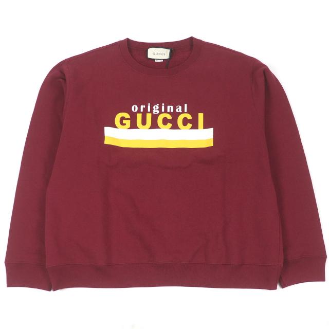 未使用品□GUCCI グッチ 20AW 626990 コットン ロゴプリント クルーネック トレーナー スウェットシャツ ボルドー L イタリア製 正規品